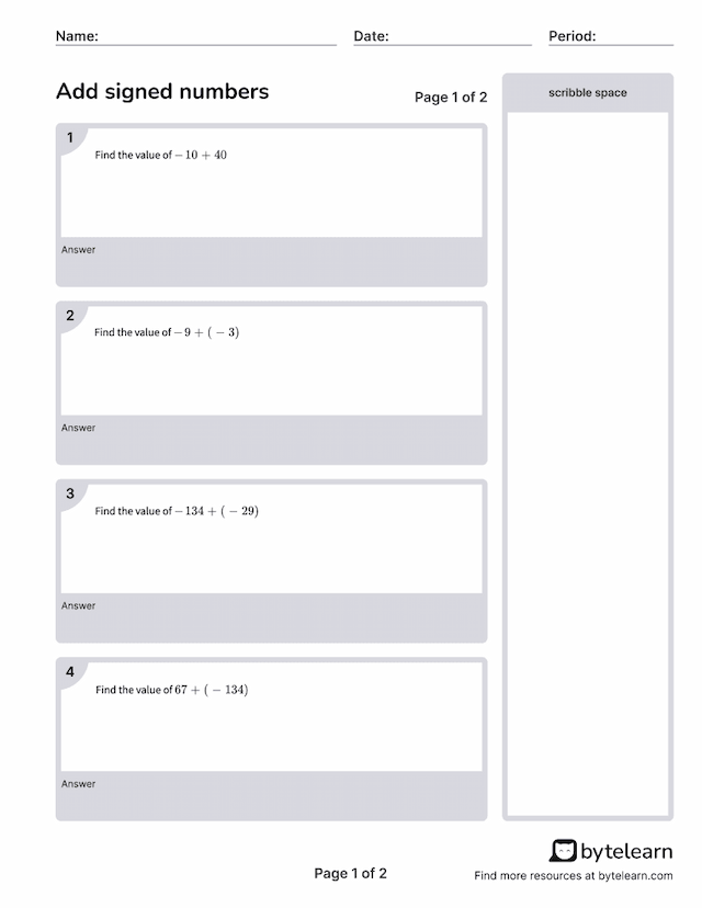 Add Signed Numbers Worksheets [pdf] (7.ns.a.1.d): 7th Grade Math