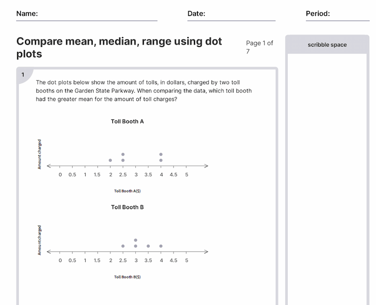 Compare Mean, Median, Range Using Dot Plots Worksheets [PDF] (6.SP.B.4): 7th Grade Math