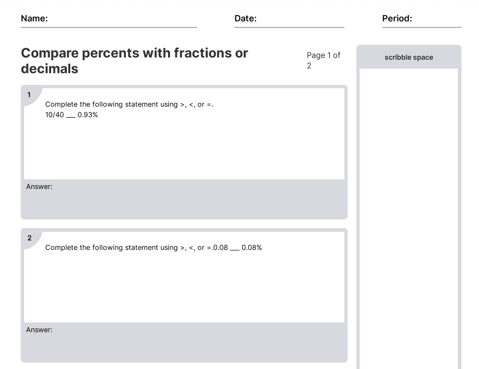 Compare Percents With Fractions Or Decimals Worksheets [PDF] (6.NS.A.1 ...