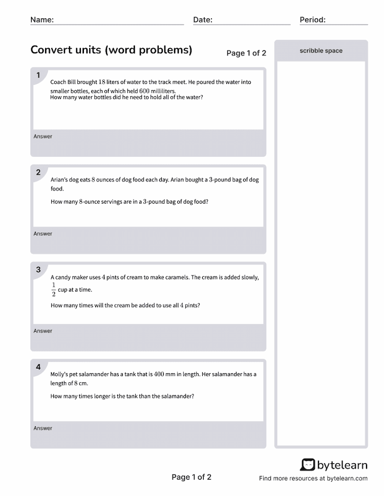 Convert Units (Word Problems) Worksheets [PDF] (6.RP.A.3.D): 6th Grade Math