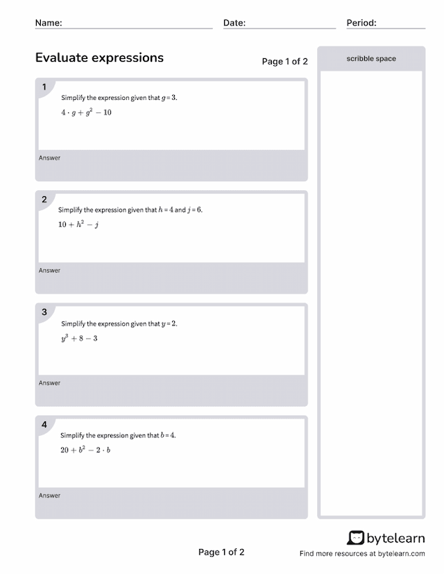 Evaluate Expressions Worksheets [PDF] (6.EE.A.2.C): 6th Grade Math