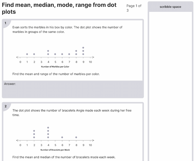 Find Mean, Median, Mode, Range From Dot Plots Worksheets [PDF] (6.NS.C.8): 6th Grade Math