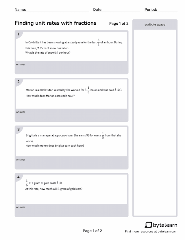 Find Unit Rates With Fractions (Word Problems) Worksheets [PDF] (6.RP.A ...