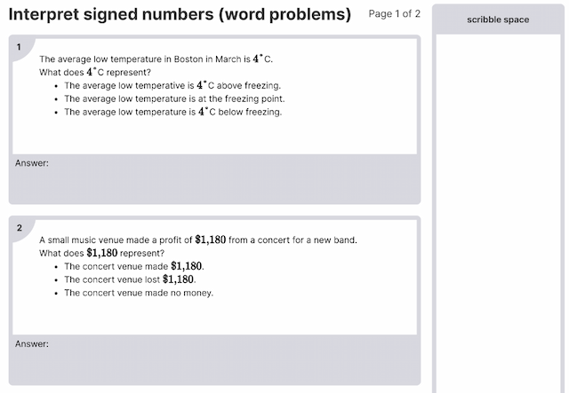 Interpret Signed Numbers (word Problems) Worksheets [pdf] (6.ns.c.8 