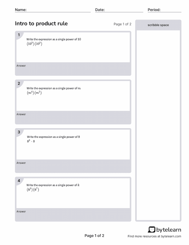 Intro To Product Rule Worksheets [PDF] (8.EE.A.1): 8th Grade Math