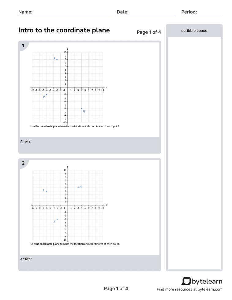 Intro To The Coordinate Plane Worksheets [PDF] (6.NS.C.6.B): 6th Grade Math