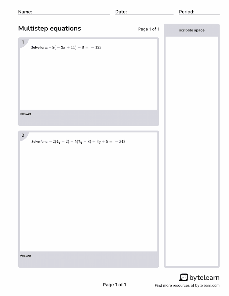 Solve Multi-Step Equations (Distribute) Worksheets [PDF] (7.EE.B.3 ...
