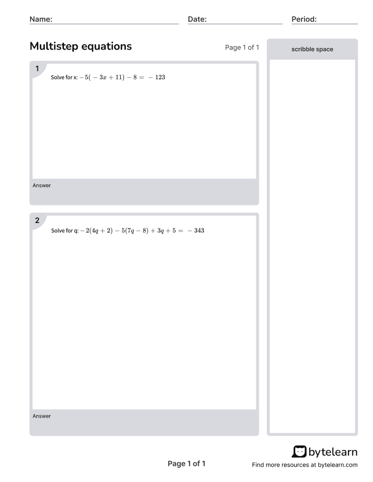 Solve Multi-Step Equations (Distribute) Worksheets [PDF] (7.EE.B.3 ...