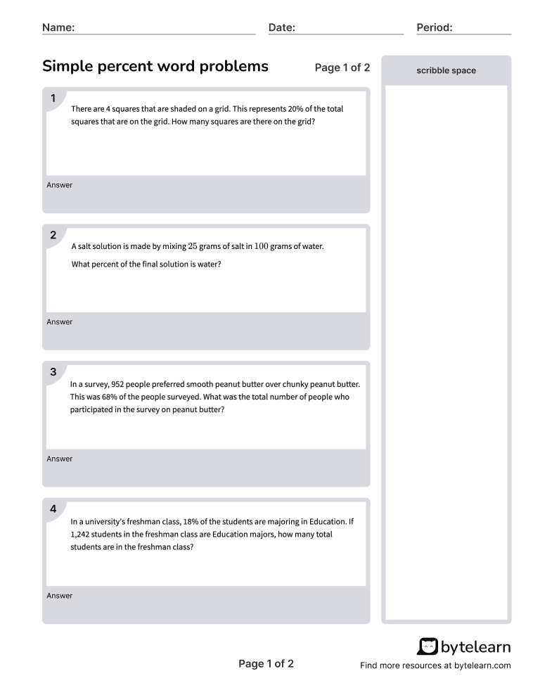 Simple Percent Word Problems Worksheets [PDF] (7.RP.A.3): 7th Grade Math