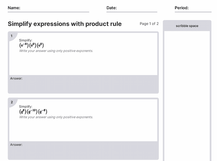 Simplify Expressions With Product Rule Worksheets [PDF] (8.EE.A.1): 8th ...