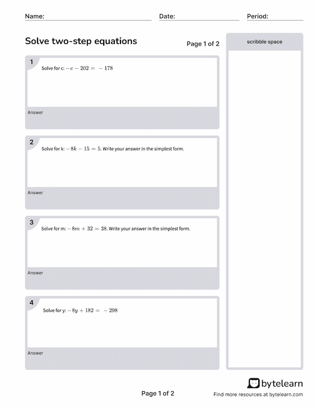 Solve Two-step Equations Worksheets [pdf] (7.ee.b.3): 7th Grade Math