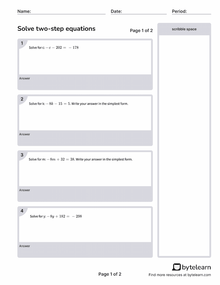 Solve Two-Step Equations Worksheets [PDF] (7.EE.B.3): 7th Grade Math