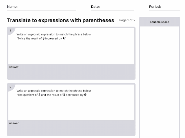 Translate To Expressions With Parentheses Worksheets [PDF] (6.NS.A.1 ...