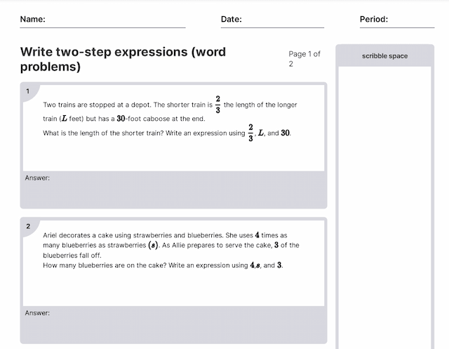 Write Two-Step Expressions (Word Problems) Worksheets [PDF] (6.NS.A.1 ...