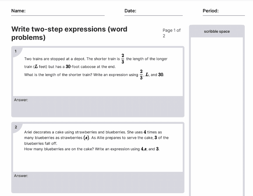 Write Two-Step Expressions (Word Problems) Worksheets [PDF] (6.NS.A.1 ...