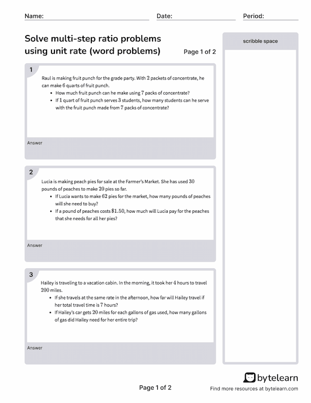 Solve Multi-Step Problems Using Unit Rate (Word Problems) Worksheets ...